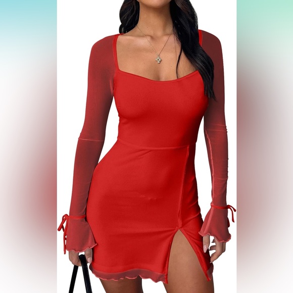 Dresses | Red Mini Dress With Sheer Sleeves | Poshmark